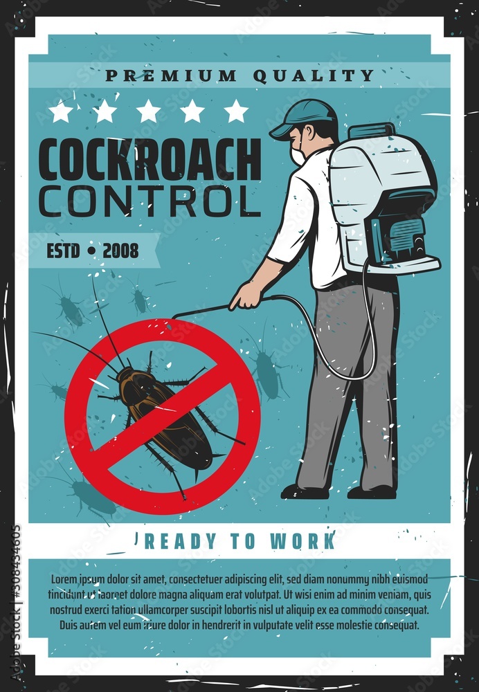 Cockroach control, man in protective mask exterminating termites ...
