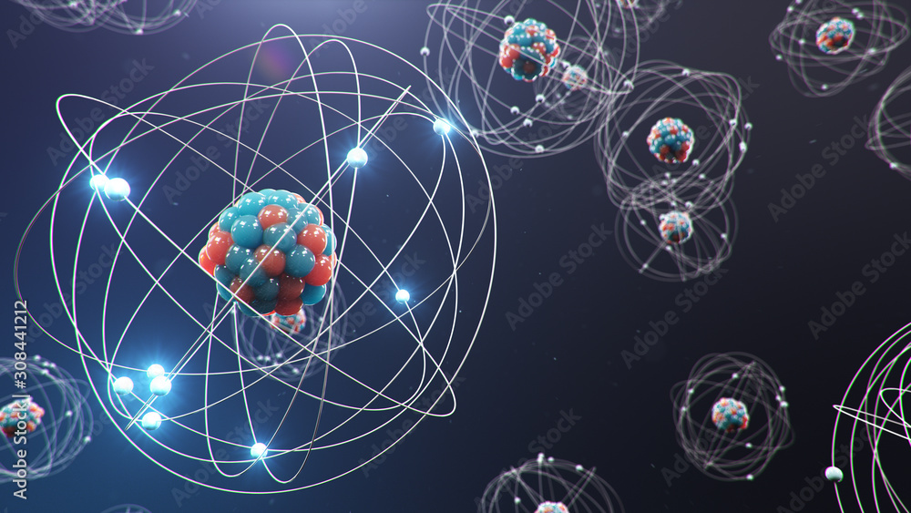 3D Illustration Atomic structure. Atom is the smallest level of matter ...