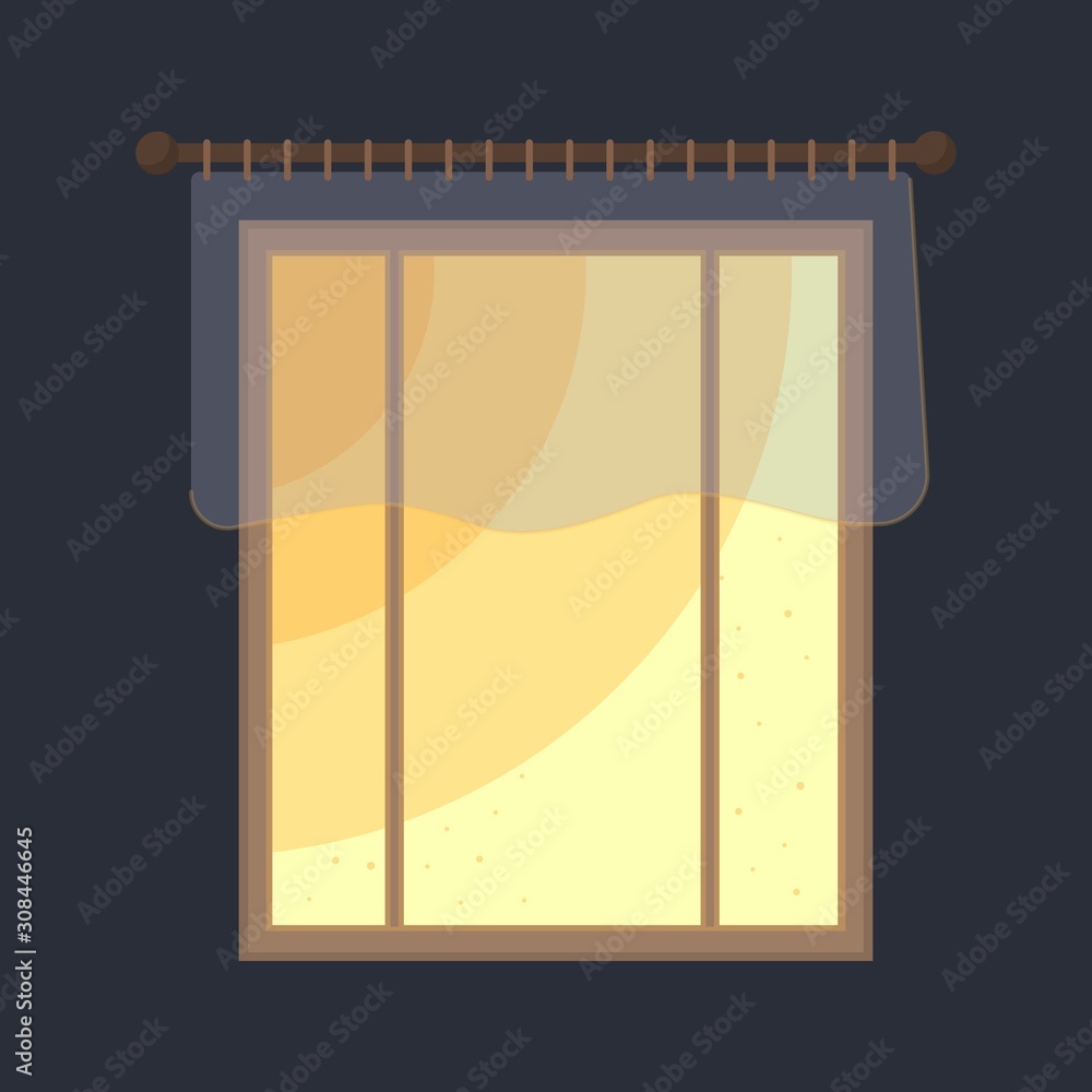 Vector window with short sheer curtains. The room is dark, only ...