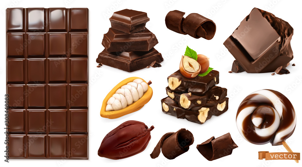 Realistic Chocolate. Chocolate bar, candy, pieces, shavings, cocoa ...