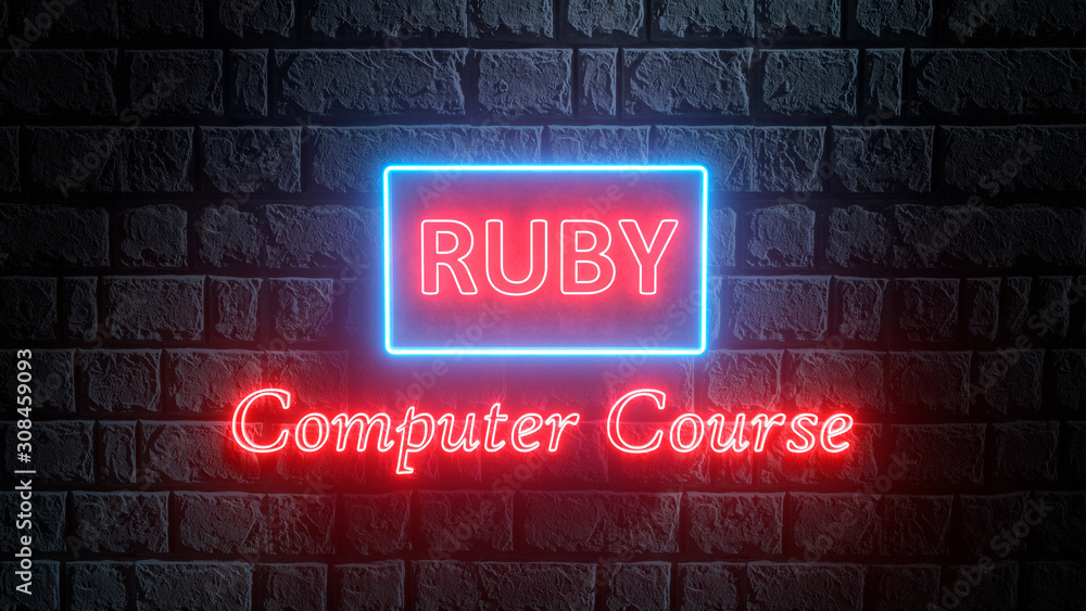 3d render of neon sign of Ruby computer course on brick wall at night ...
