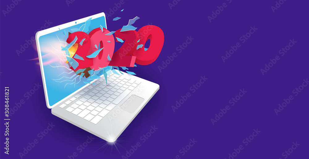 Banner for sale. The laptop screen explodes with 2020 volumetric color ...