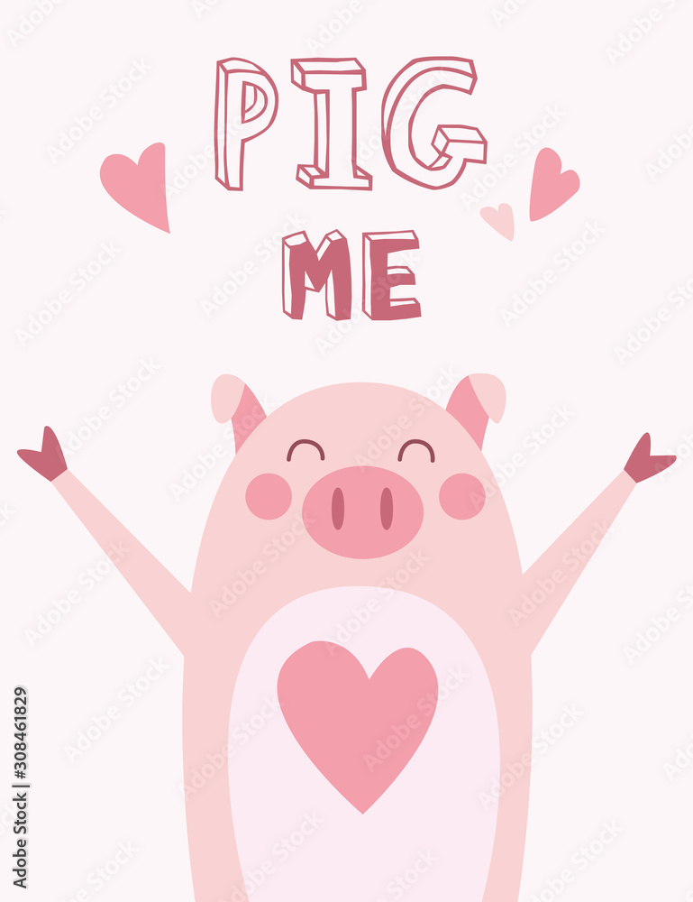 Vecteur Stock PIG ME - Süße Geschenkkarte mit süßem Schwein und Herzen ...