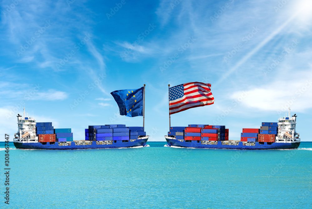 USA and EU trade war concept. Two cargo container ships with the ...