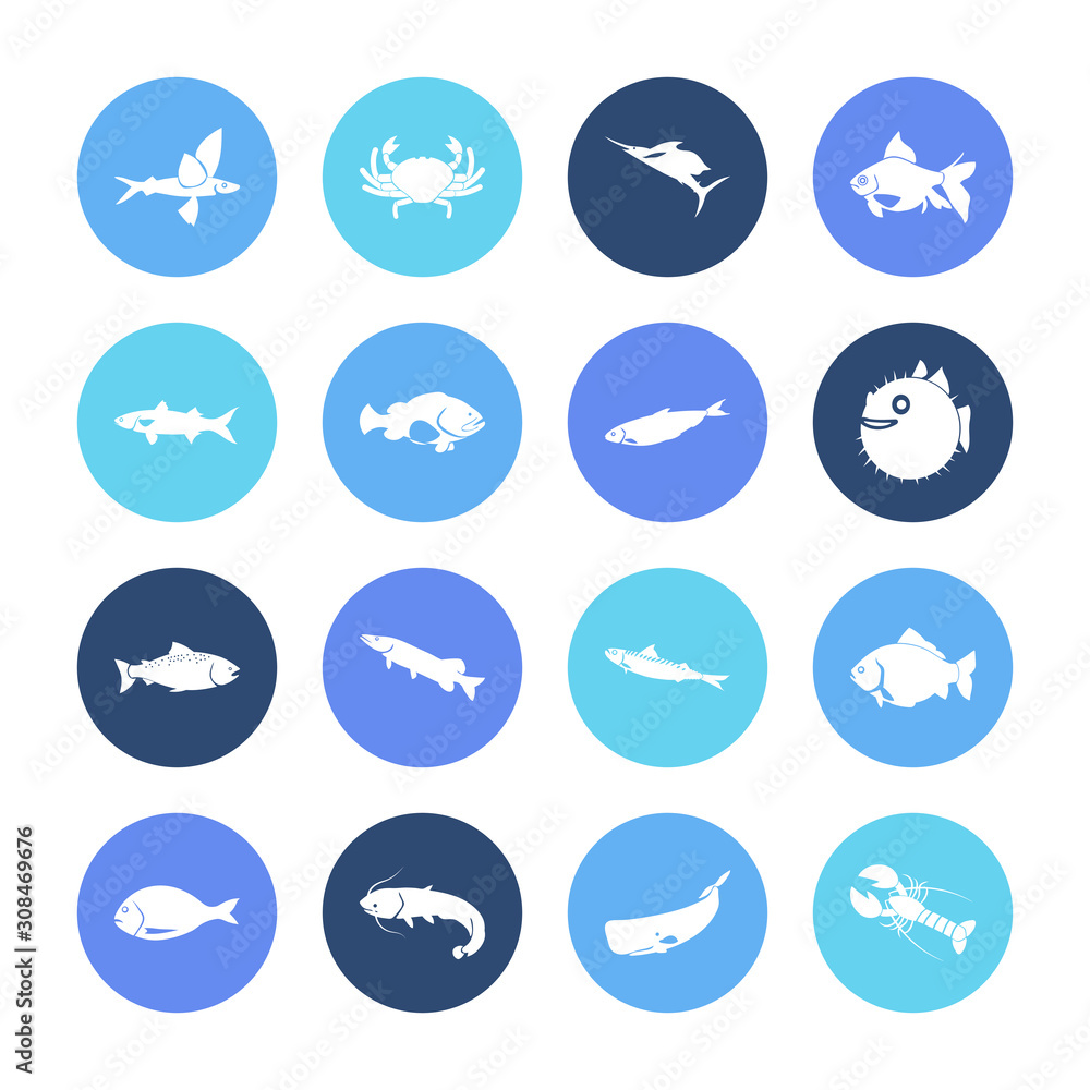 Aquatic icon set and sperm whale with mullet, crab and lobster. Perch ...