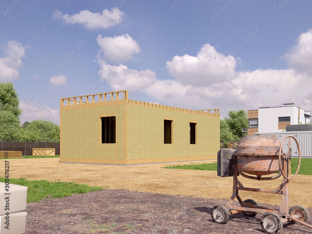 3d render of a modern frame building - detailed concept of construction ...