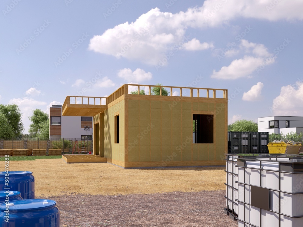 3d render of a modern frame building - detailed concept of construction ...