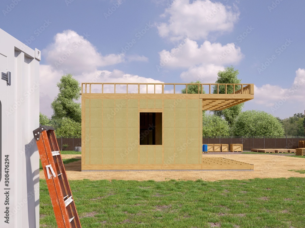 3d render of a modern frame building - detailed concept of construction ...