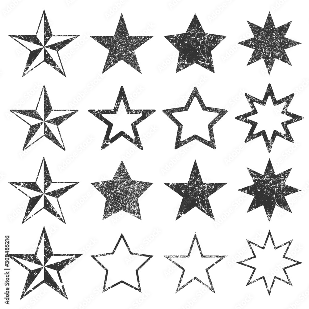 Black STAR shape empty Stamps frames vector icon set. Stars sign grunge ...