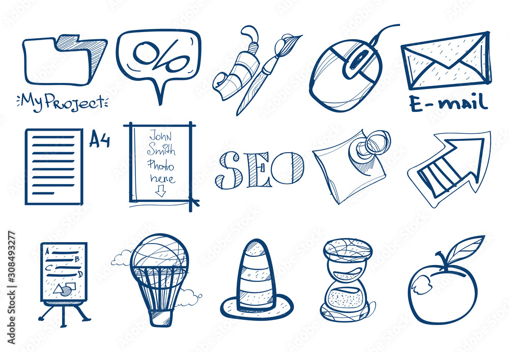 Set of icons in the hand drawing style. Outline drawing for coloring ...