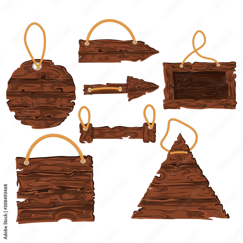 Wooden banners. Set consists of empty wood signboards and arrows. Blank ...
