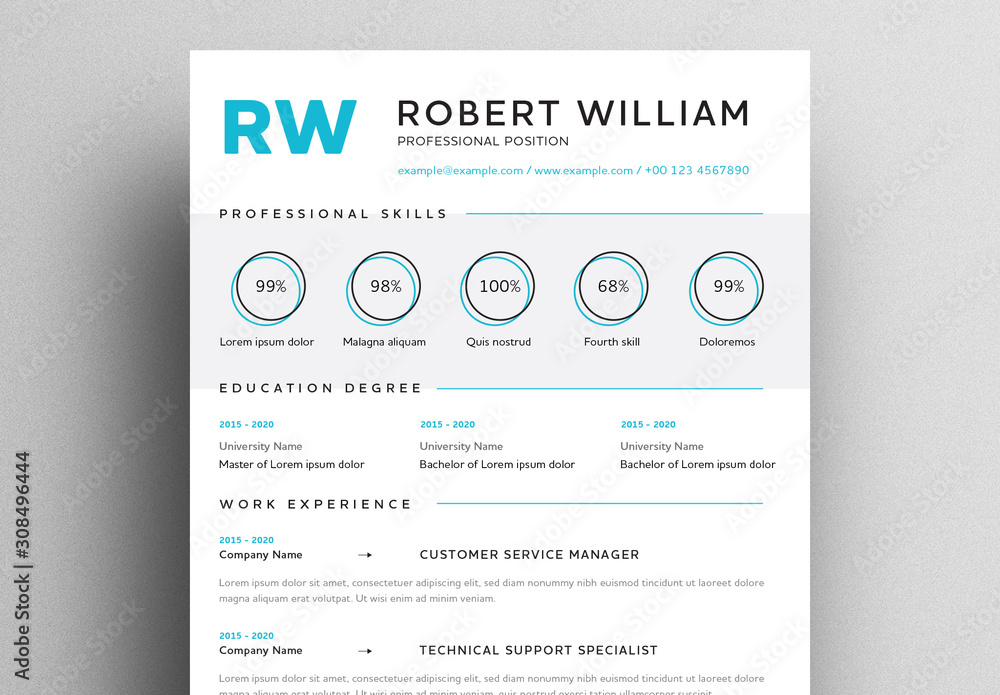 Resume Layout with Circle Charts and Blue Accents Stock Template ...