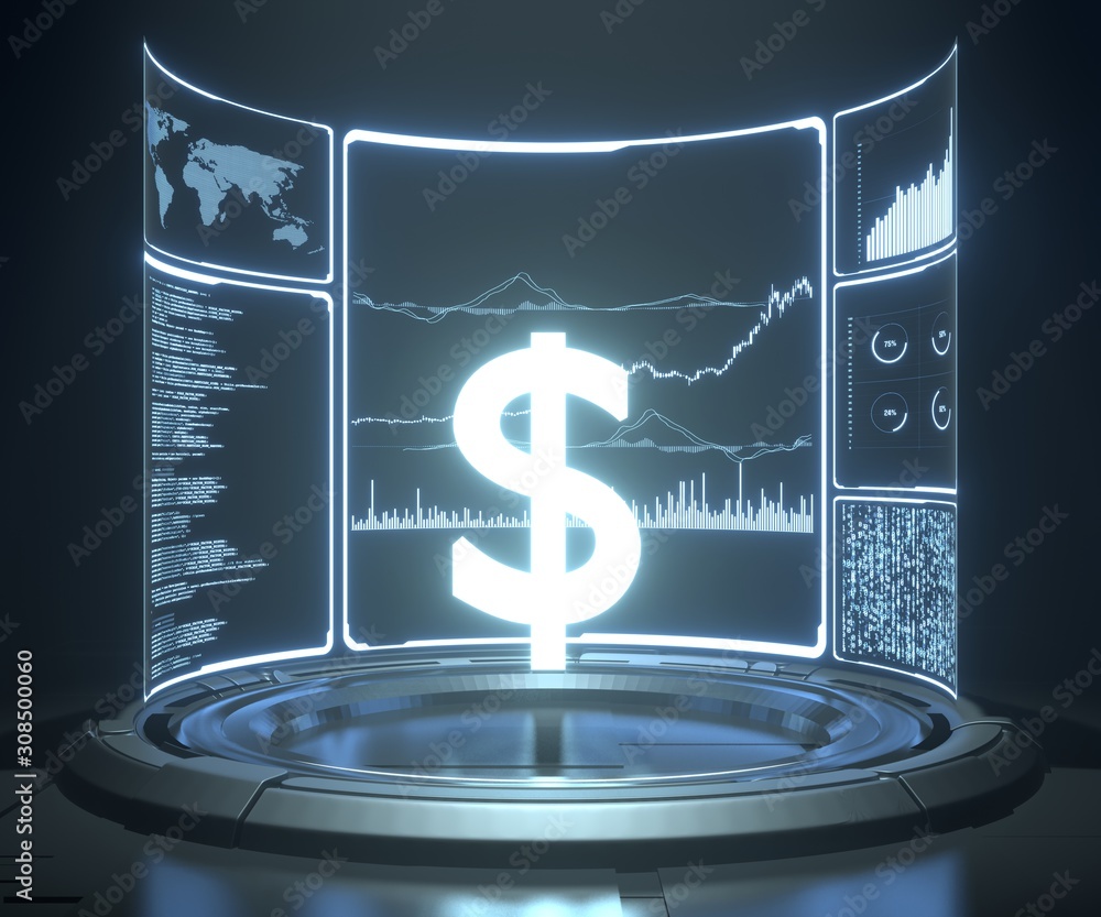 3D Rendering of glowing dollar sign in high tech room with various ...