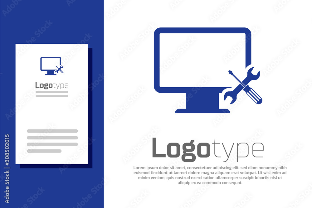 Blue Computer monitor with screwdriver and wrench icon isolated on ...