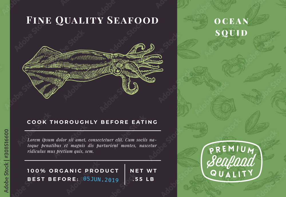 Premium Quality Seafood Abstract Vector Squid Packaging Design or Label ...