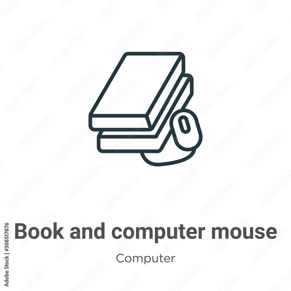 Book and computer mouse outline vector icon. Thin line black book and ...