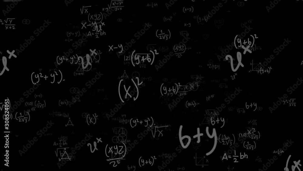 Camera flies through white math formulas on black background. Math calculations functions ...
