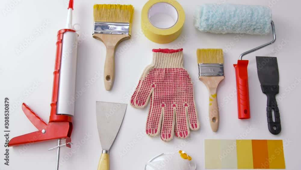 repair, building and renovation concept - different painting work tools ...