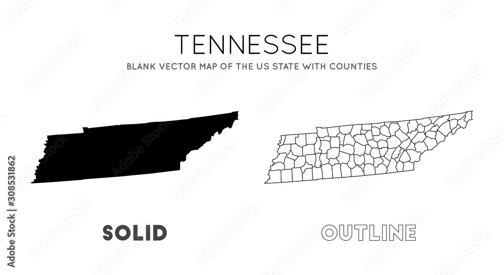 Tennessee map. Blank vector map of the Us State with counties. Borders ...