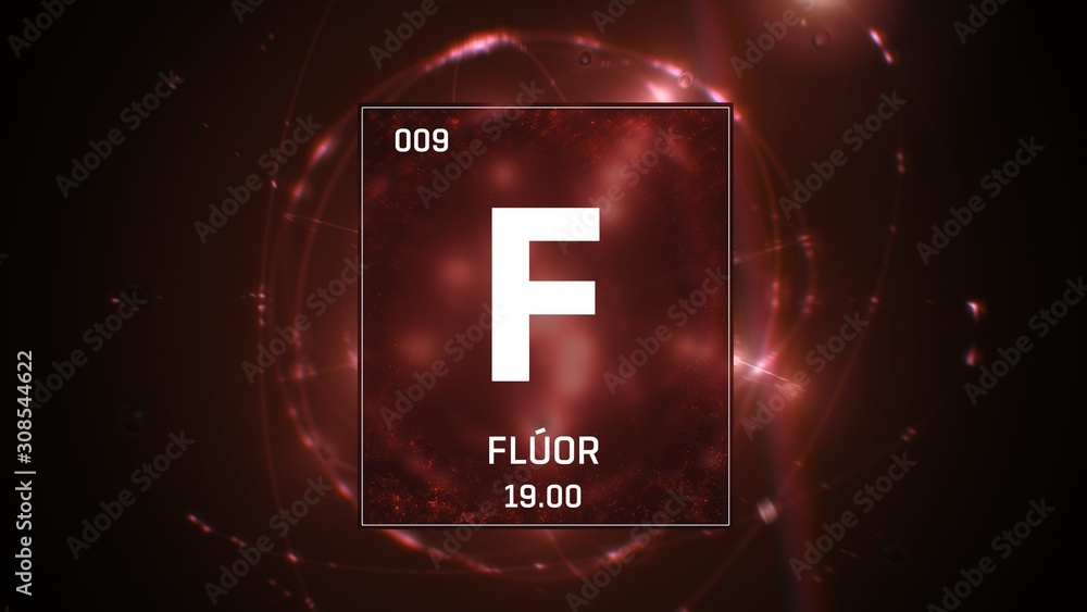 3D illustration of Fluorine as Element 9 of the Periodic Table. Red ...