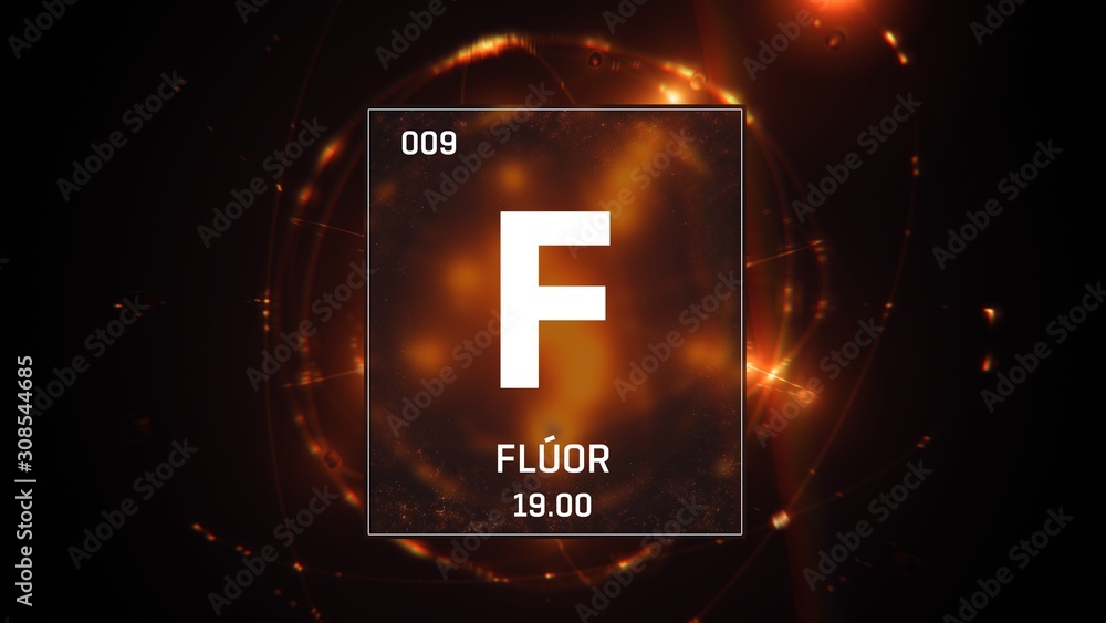 3D illustration of Fluorine as Element 9 of the Periodic Table. Orange ...