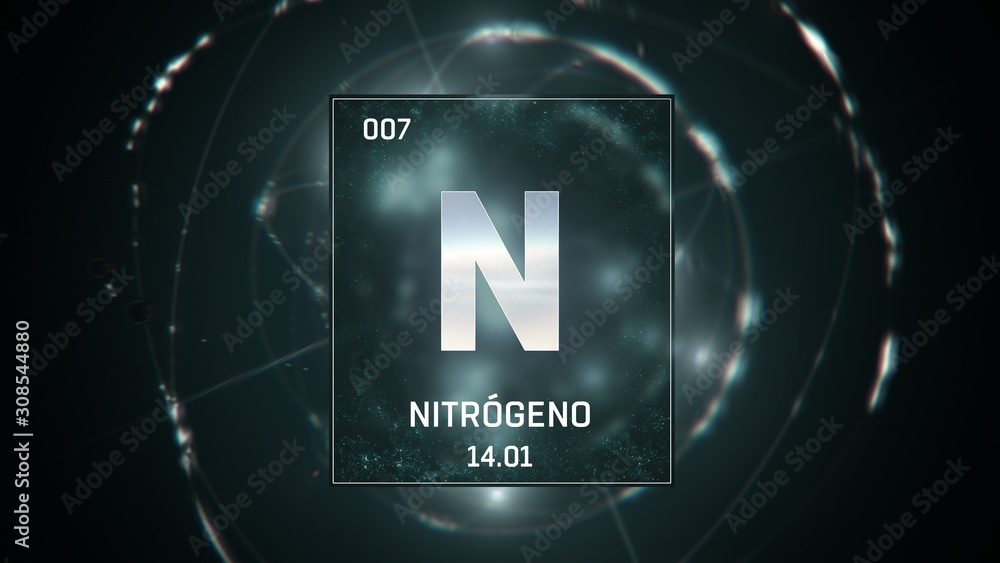 3D illustration of Nitrogen as Element 7 of the Periodic Table. Green ...
