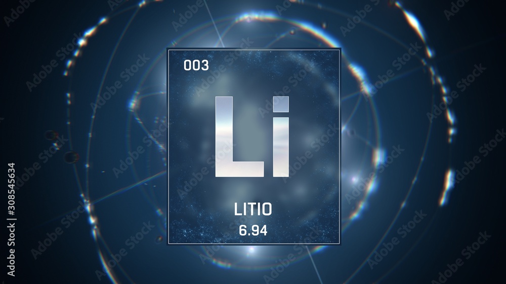 3D illustration of Lithium as Element 3 of the Periodic Table. Blue ...