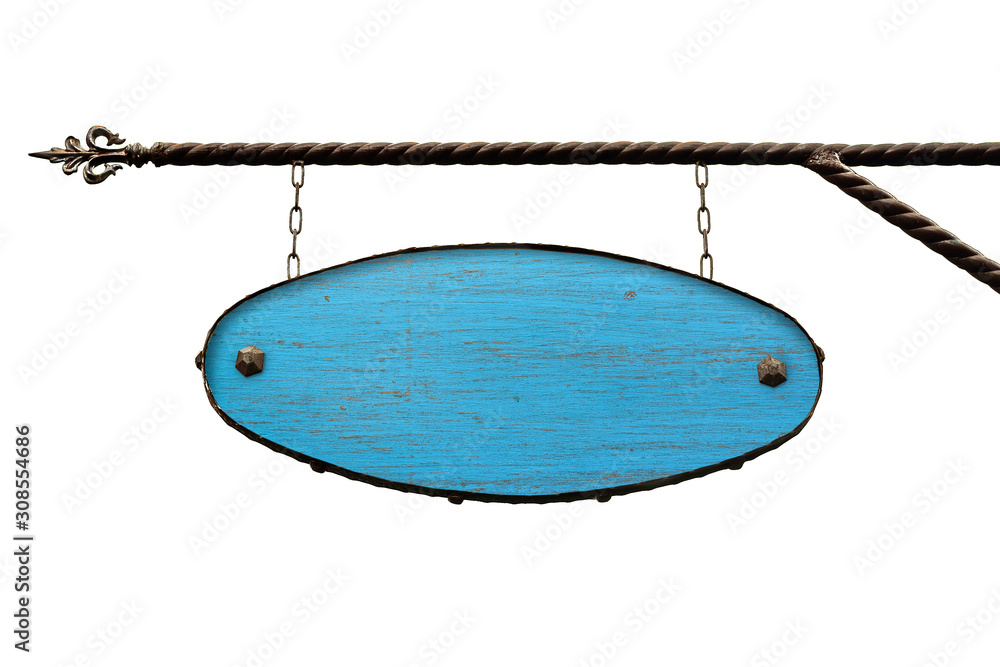 Oval blue wooden signboard. Old wood shop signs without text hanging on ...