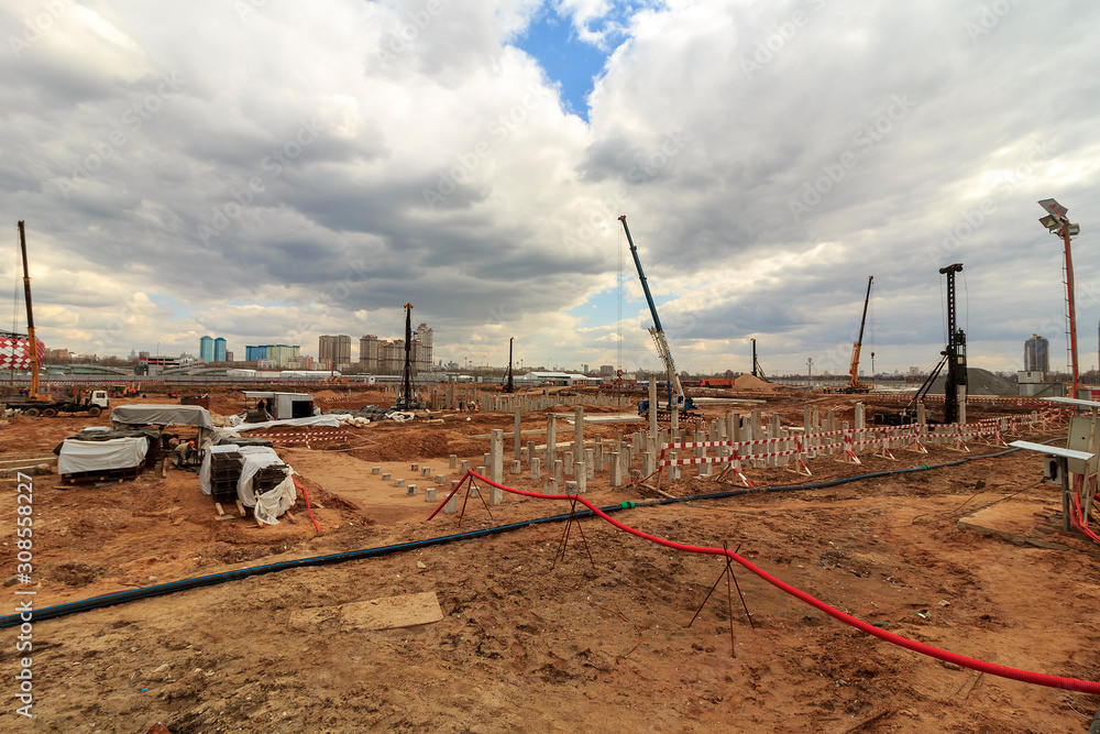 Pile driving in foundation pit construction apartment building. Piling ...