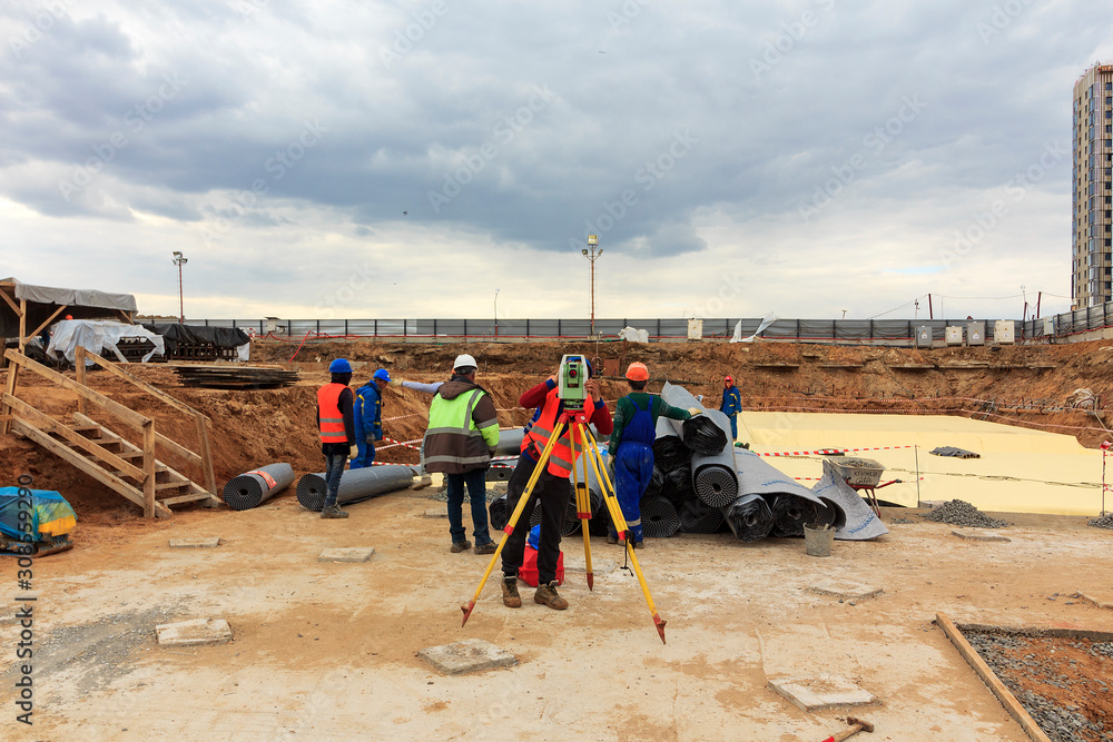 Pile driving in foundation pit construction apartment building. Piling ...