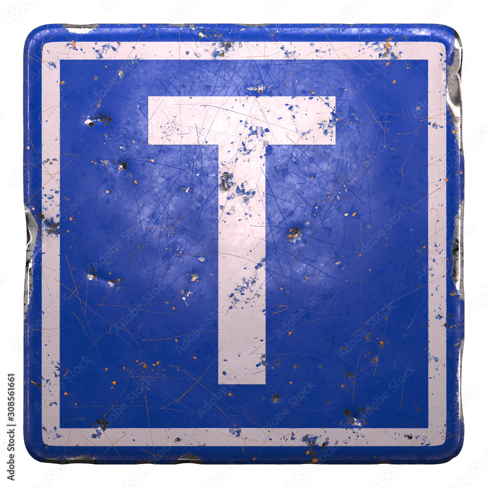 Public road sign in blue color with a capitol white letter T in the ...
