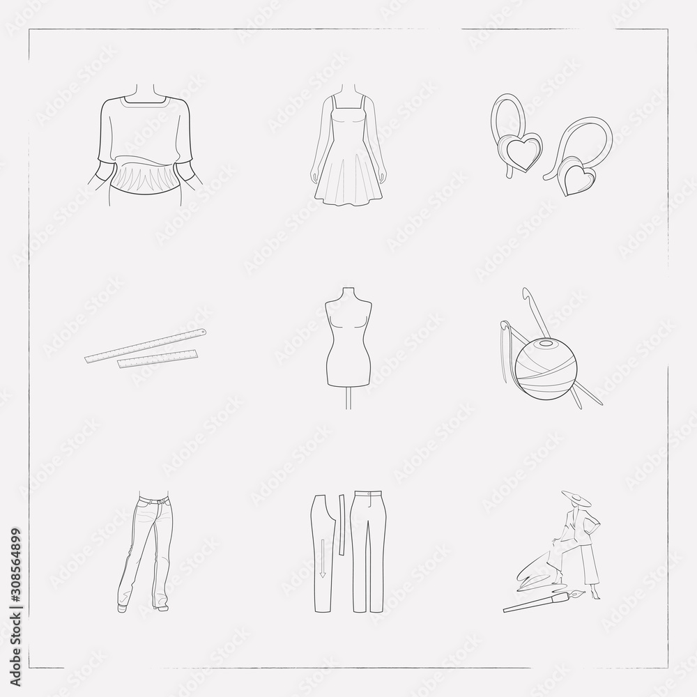 Set of garment icons line style symbols with tailors dummy, rulers ...