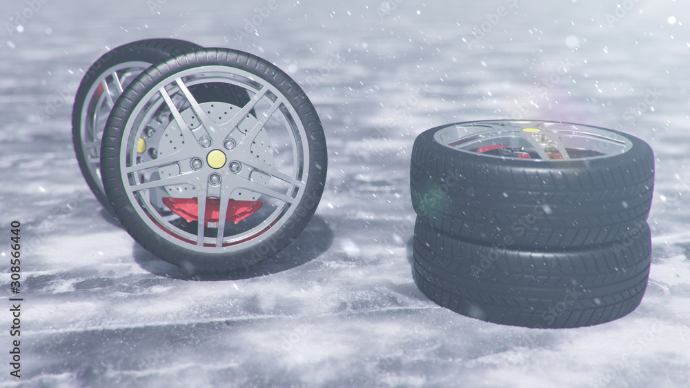 3d illustration Winter tires on a with falling snow background of snow ...