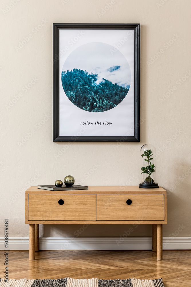 Interior design of living room with wooden commode, book, plant in ...