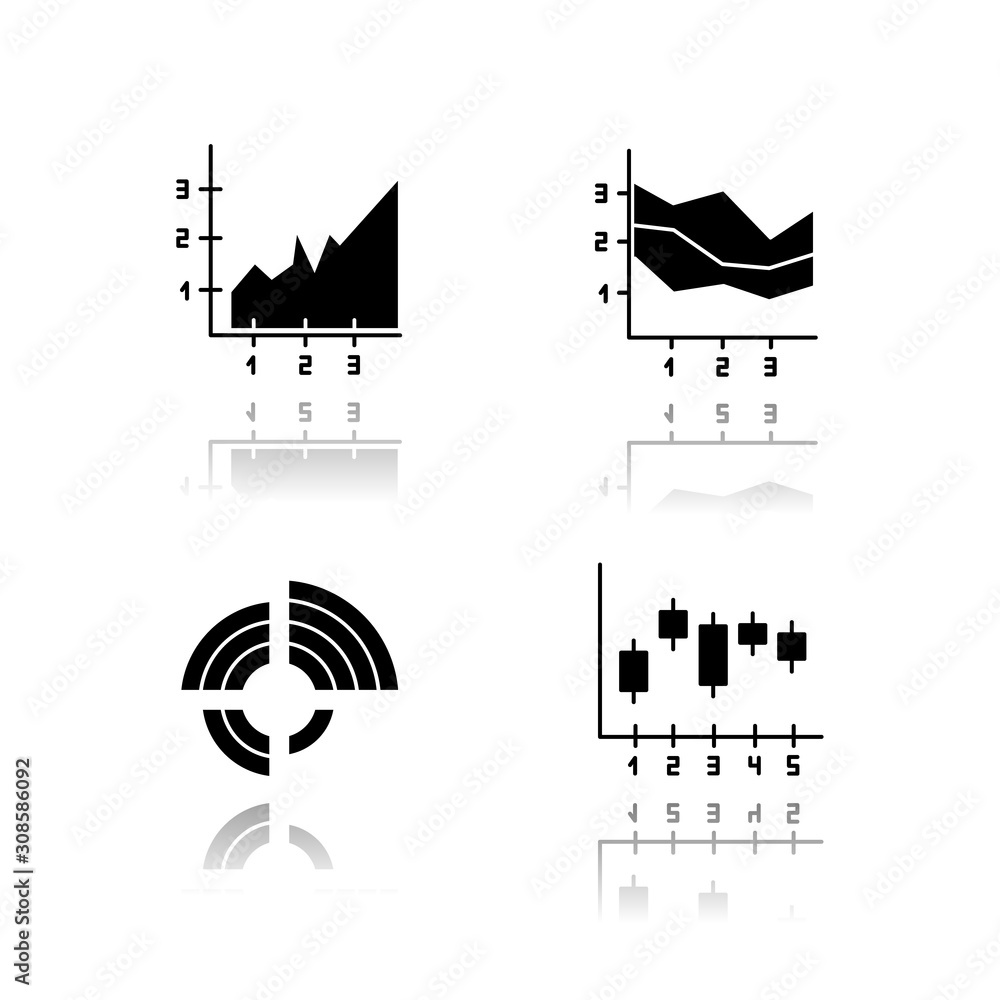 Chart and graph drop shadow black glyph icons set. Radial diagram with ...