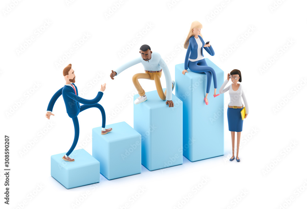 Career Ladder with Characters. 3d illustration. Cartoon characters ...