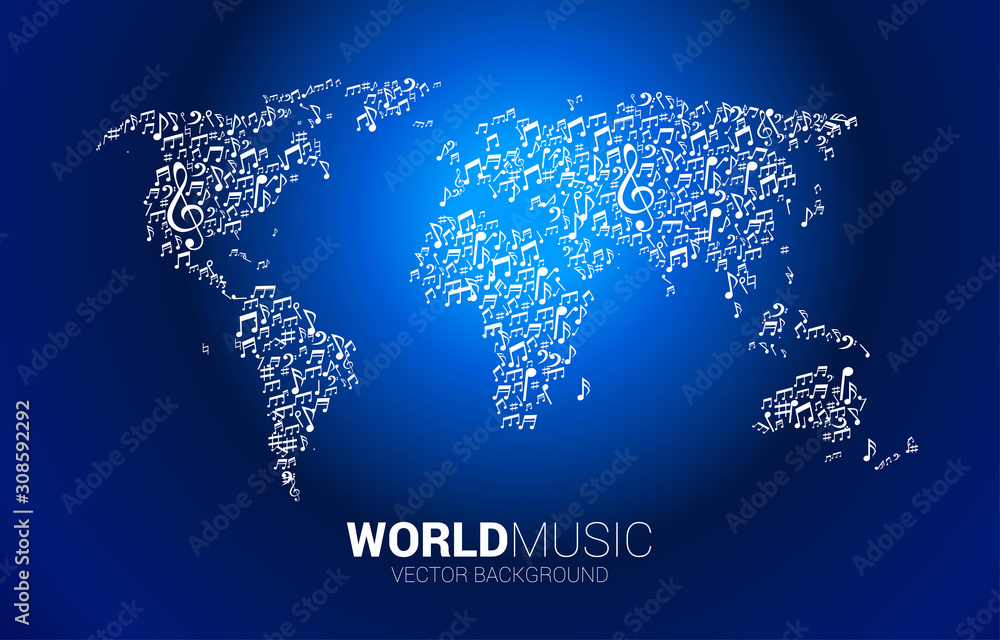 Vector world map from music melody note dancing flow. Concept ...