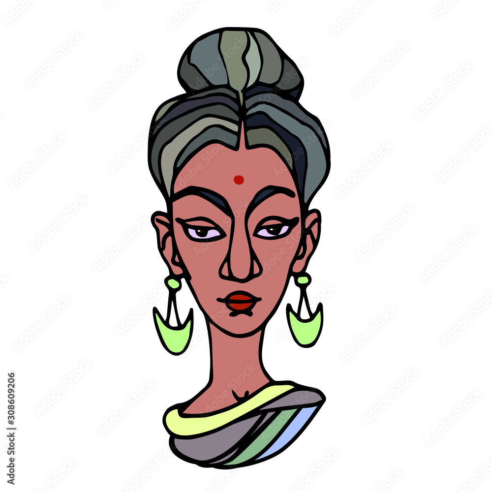 head of an hindu young cute brunette girl with earrings & Bindi, avatar ...