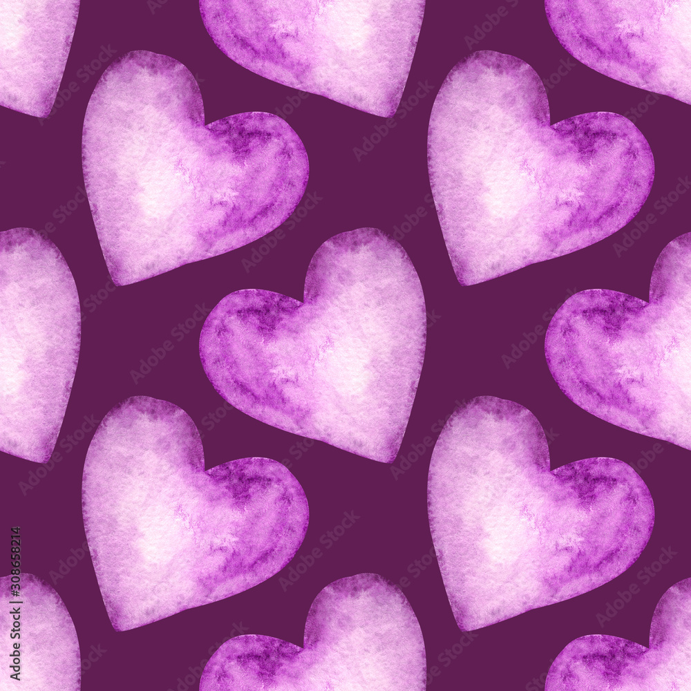 Watercolor Hand Drawn Cute Lilac Violet Hearts on Deep Purple ...