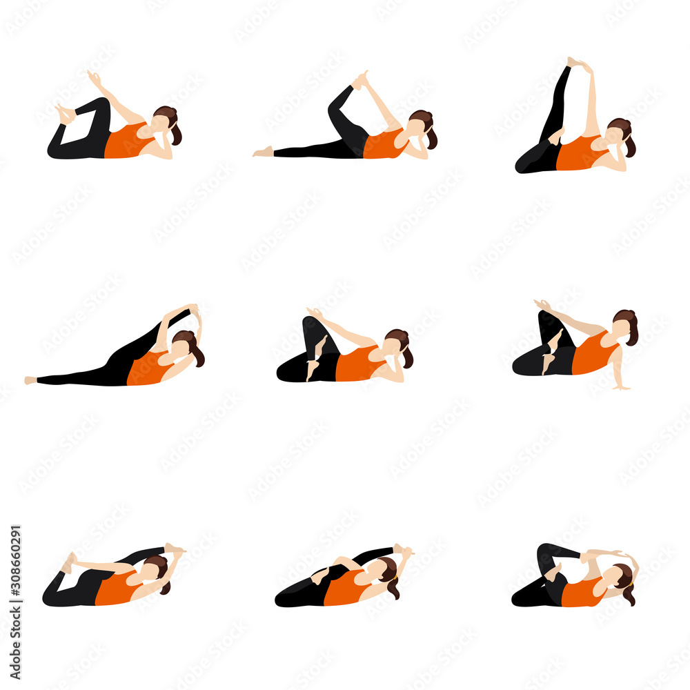 Anantasana modifications yoga asanas set/ Illustration stylized woman ...