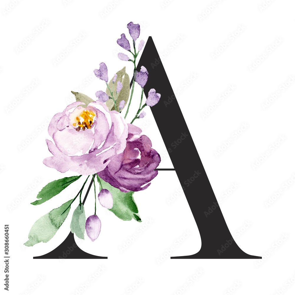 Letter a, floral alphabet, with watercolor flowers and leaf. Monogram ...
