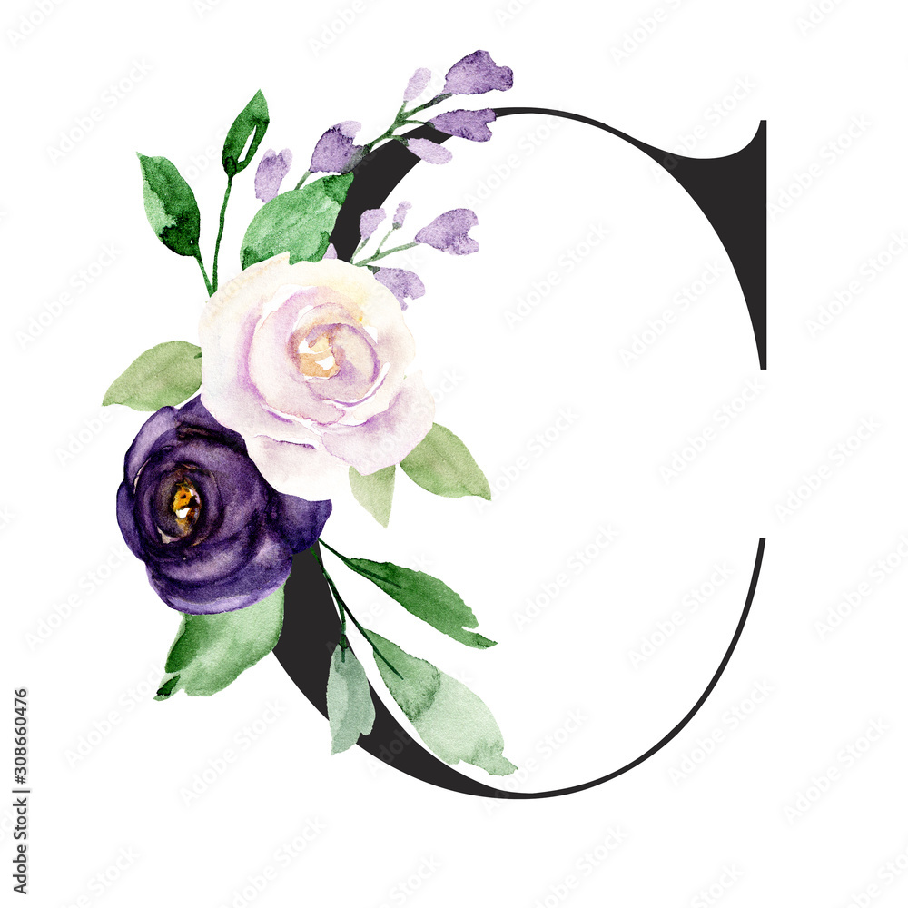 Letter c, floral alphabet, with watercolor flowers and leaf. Monogram ...