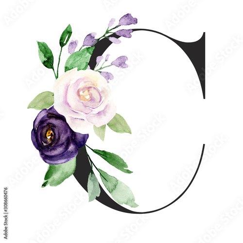 Letter c, floral alphabet, with watercolor flowers and leaf. Monogram ...