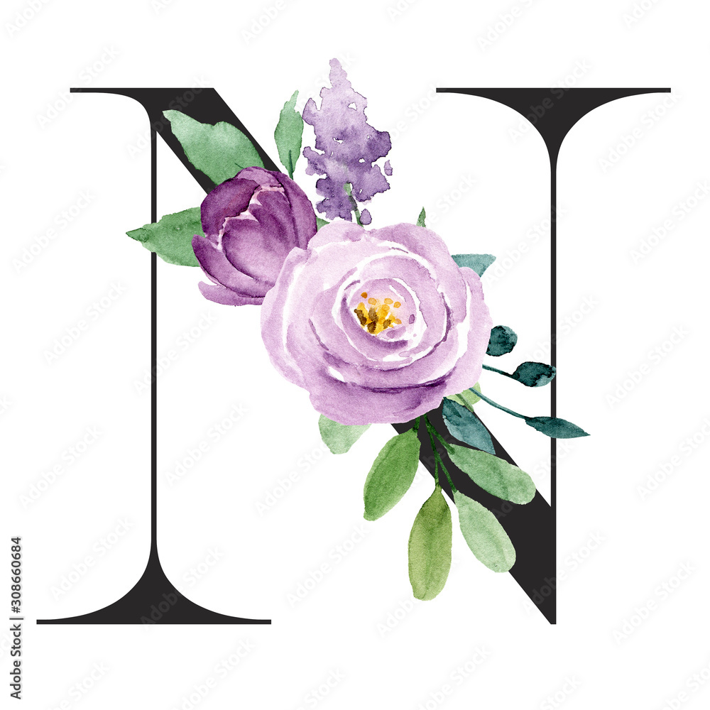 Letter n, floral alphabet, with watercolor flowers and leaf. Monogram ...