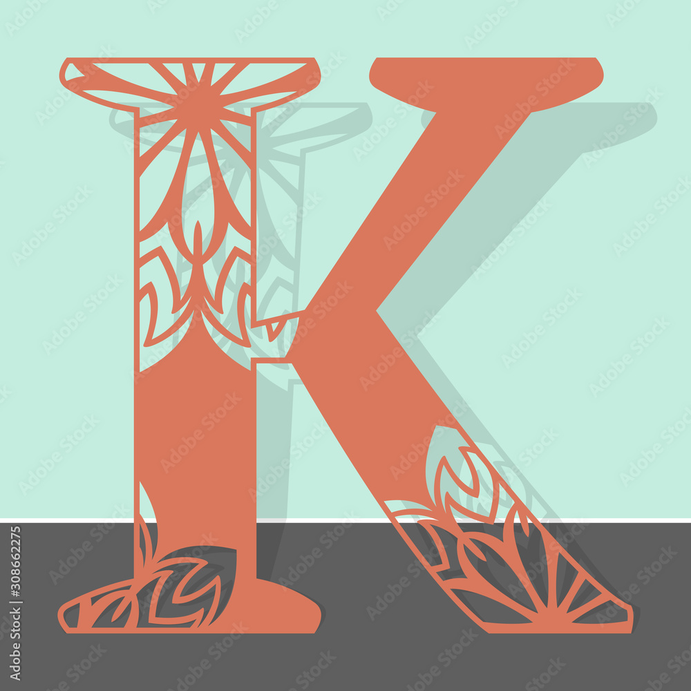 Laser cutting letter K. Woodcut vector design. Plywood lasercut gift ...