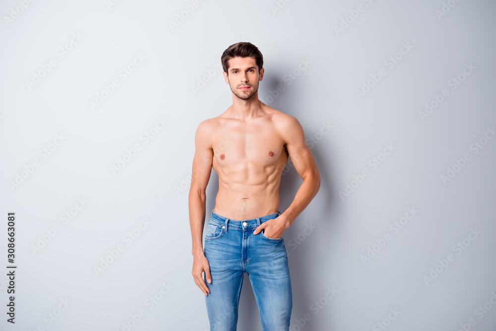 Portrait of his he nice attractive content muscular shirtless guy dandy ...