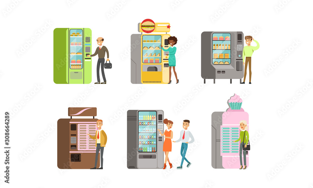 People Characters Using Vending Machines Vector Illustrations Set Stock ...