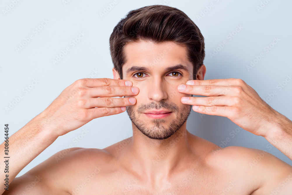 Close-up portrait of his he nice attractive bearded calm brown-haired ...