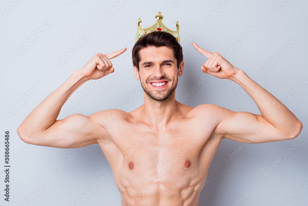 Look I sport king. Handsome macho strong guy wear golden crown he win ...