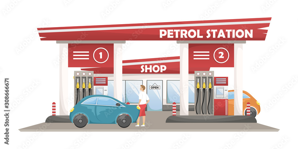 Vector illustration of a car filling station with a shop. Cars at the ...